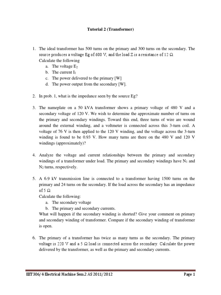 Tut2Problem Transformer | PDF | Transformer | Electrical Impedance