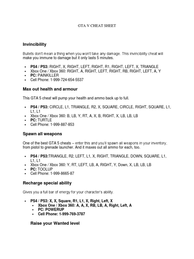 Gta V Cheat Sheet | PDF | Leisure | Sports