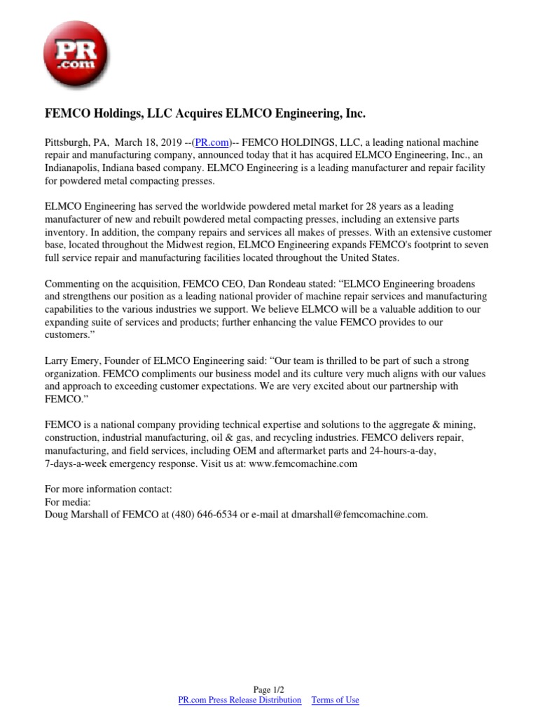 FEMCO Holdings, LLC Acquires ELMCO Engineering, Inc. | PDF ...