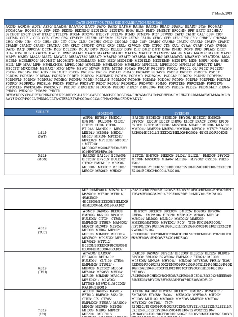 Date Sheet PDF | PDF