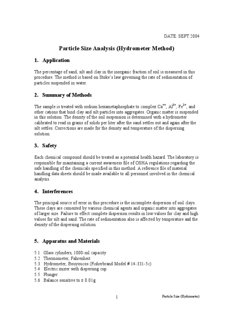 Particle Size Analysis (Hydrometer Method) : 1. Application | PDF | Materials | Physical Sciences