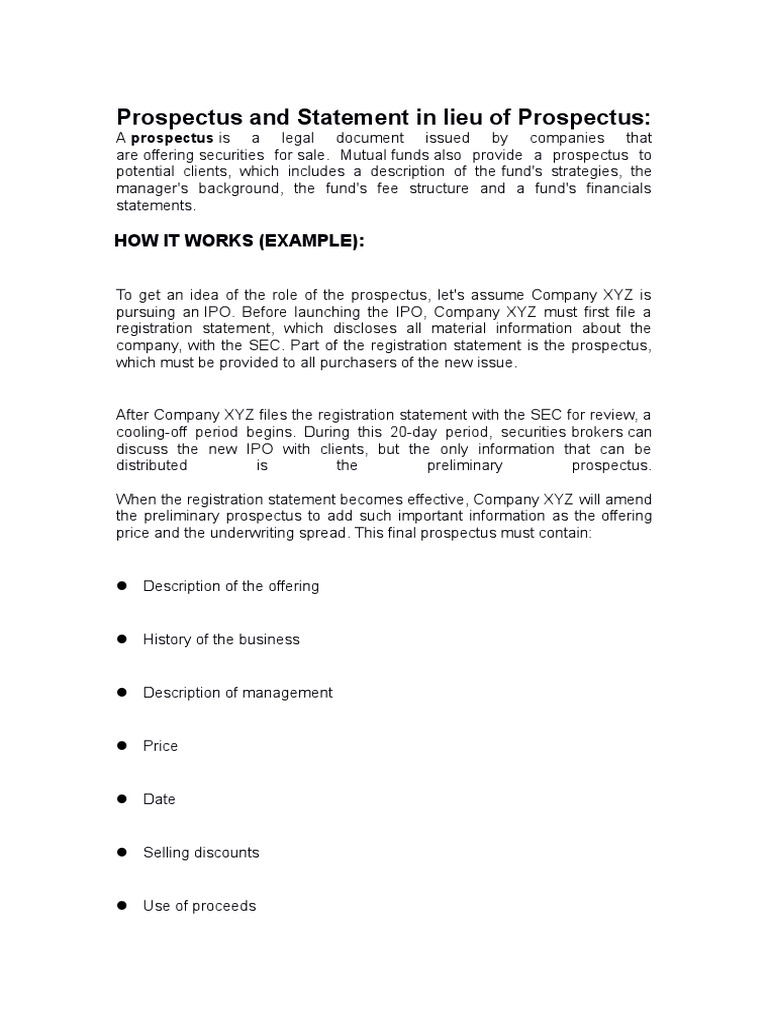 Prospectus and Statement in Lieu of Prospectus:: How It Works (Example ...