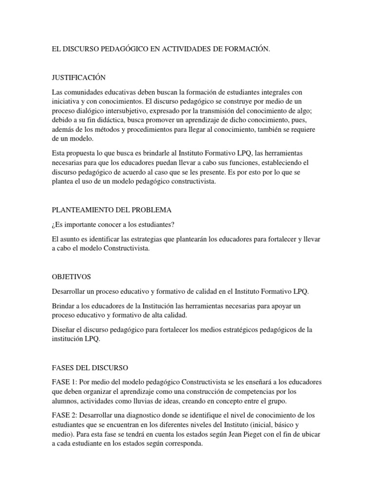 El Discurso Pedagógico en Actividades de Formación | PDF | Constructivismo (filosofía de la ...