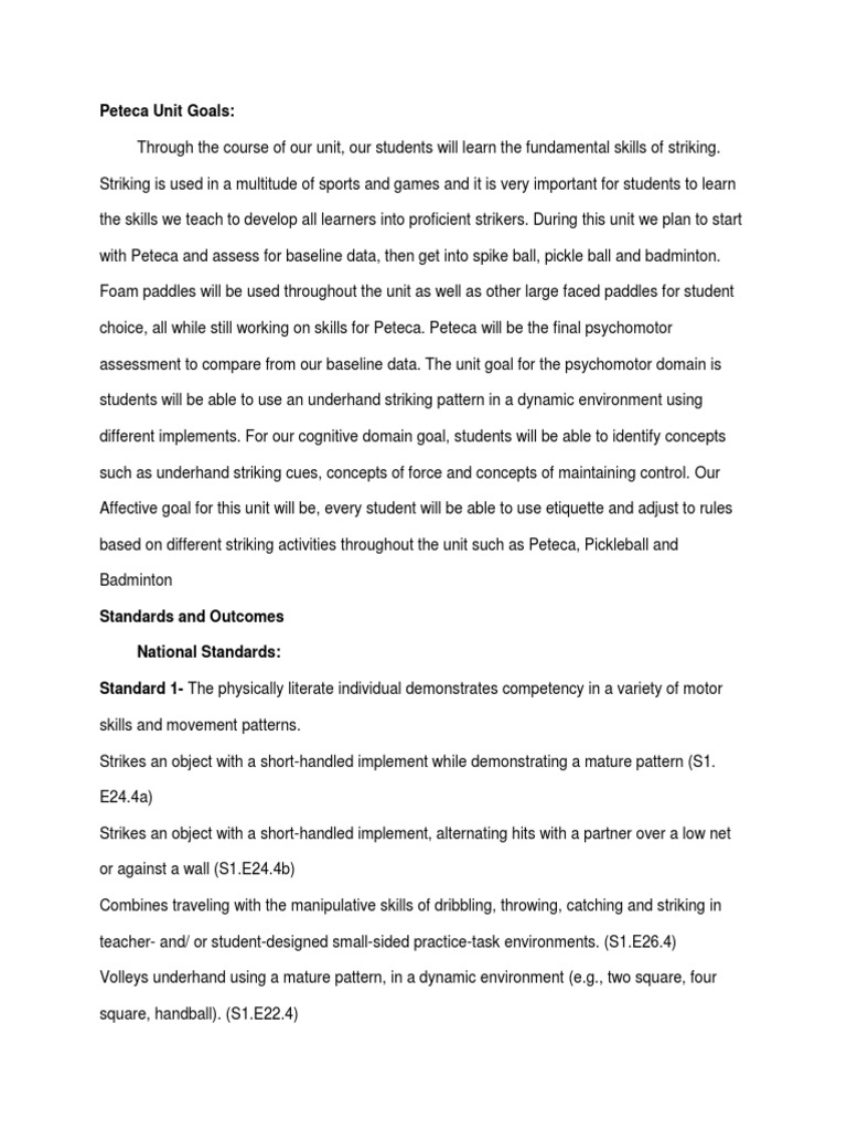 Peteca Unit Goals | PDF | Risk Management | Behavior Modification