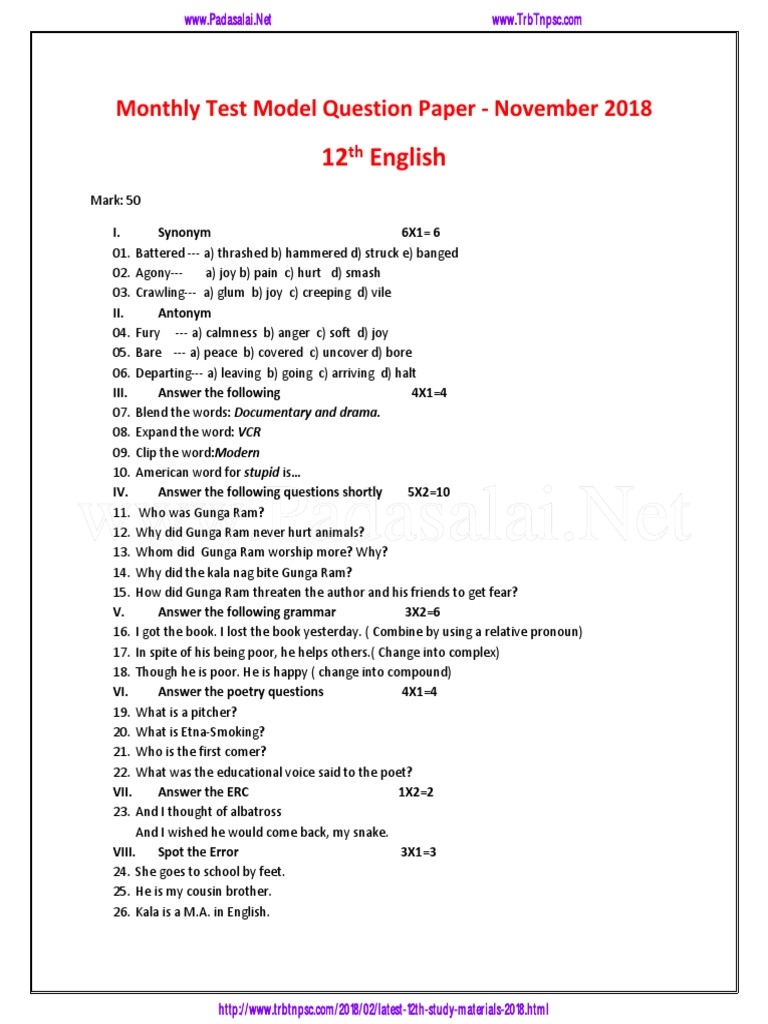 12th English November 2018 Monthly Model Test Question Paper PDF | PDF ...