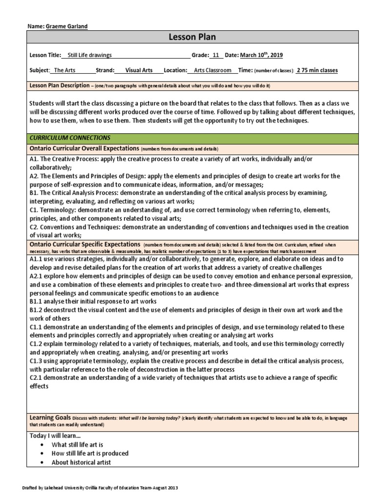Lesson Plan: Curriculum Connections | PDF | Still Life | Visual Arts