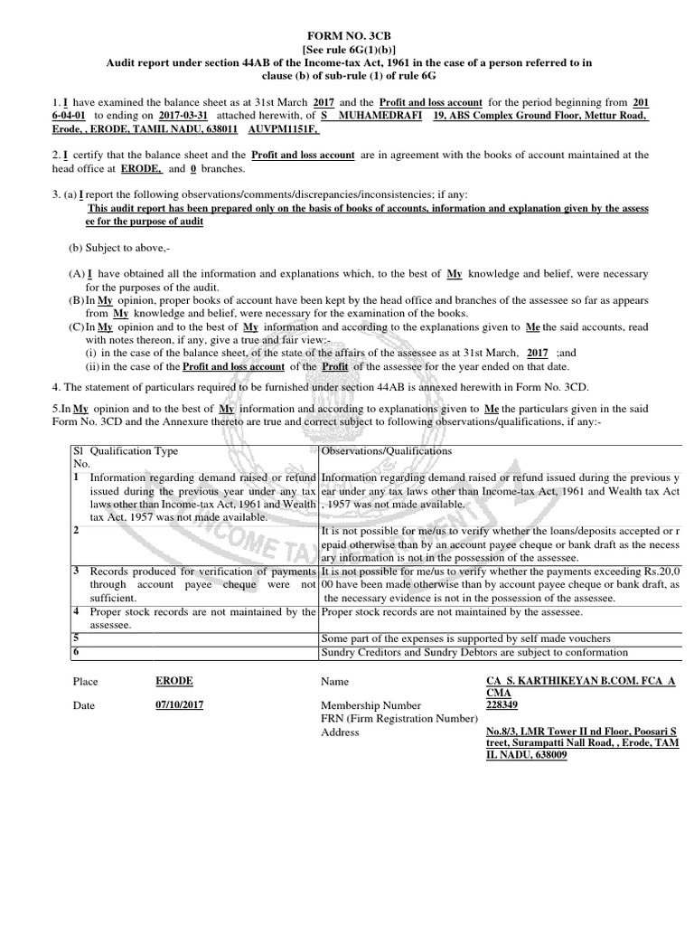 Form No. 3Cb (See Rule 6G (1) (B) ) Audit Report Under Section 44AB of ...