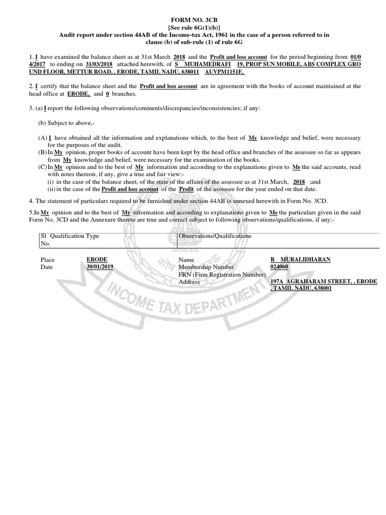 Form No. 3Cb (See Rule 6G (1) (B) ) Audit Report Under Section 44AB of ...