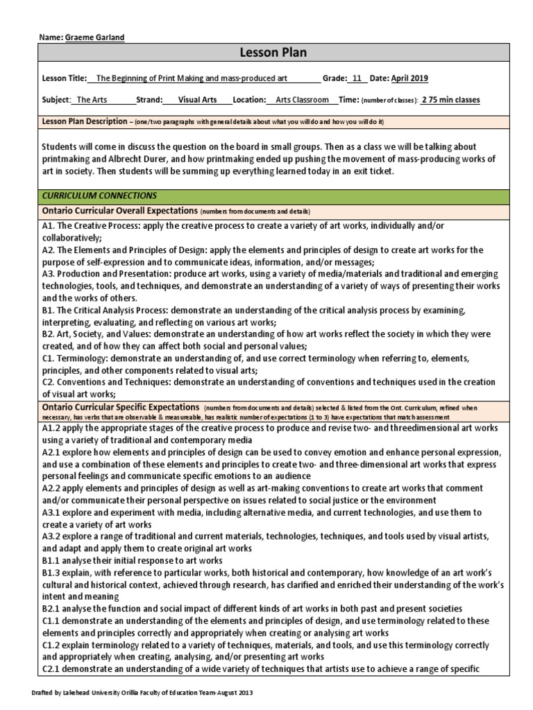 Lesson Plan: Curriculum Connections | PDF | Printmaking | Albrecht Dürer