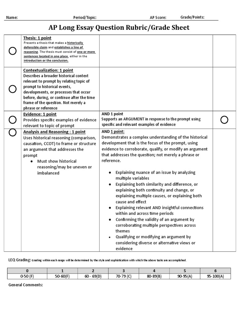 AP Long Essay Question Rubric/Grade Sheet: Thesis: 1 Point | Download ...