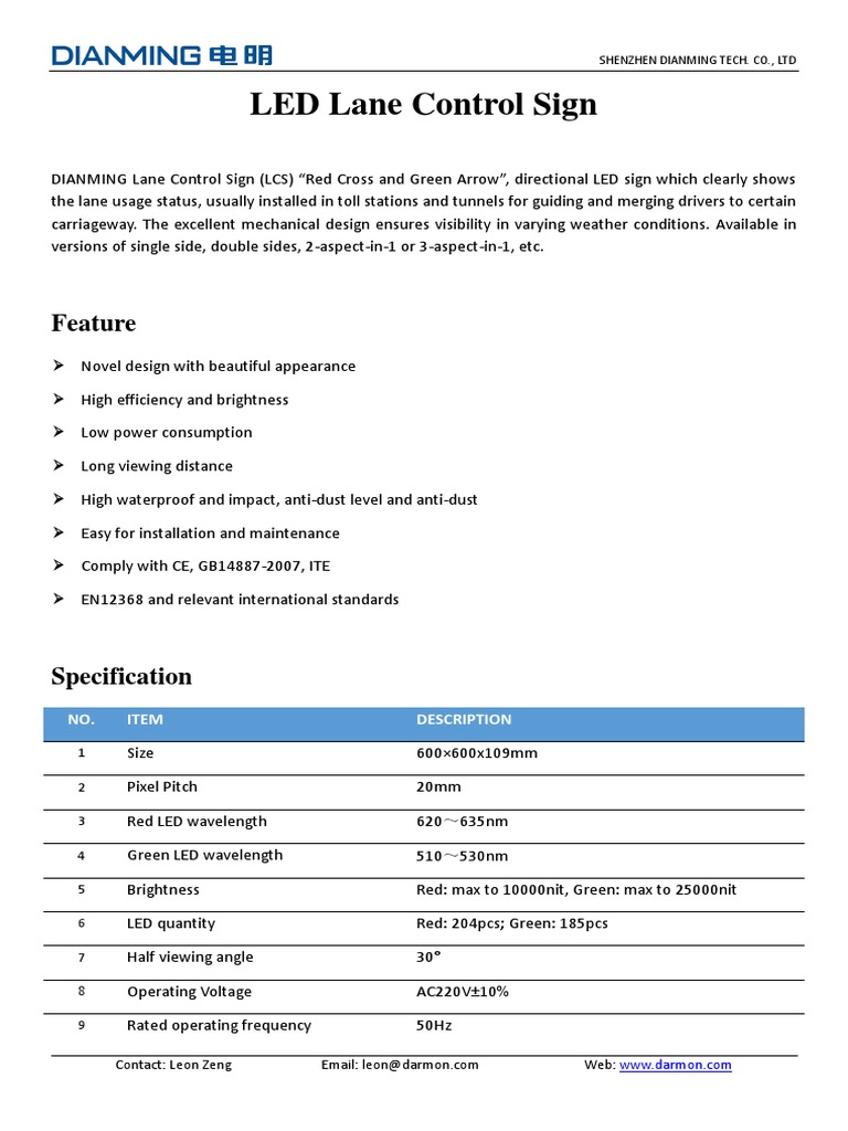 DIANMING LED Lane Control Signs Spec | PDF | Color | Manufactured Goods