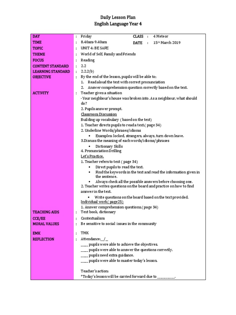 Daily Lesson Plan English Language Year 4 | PDF | Lesson Plan | Reading ...