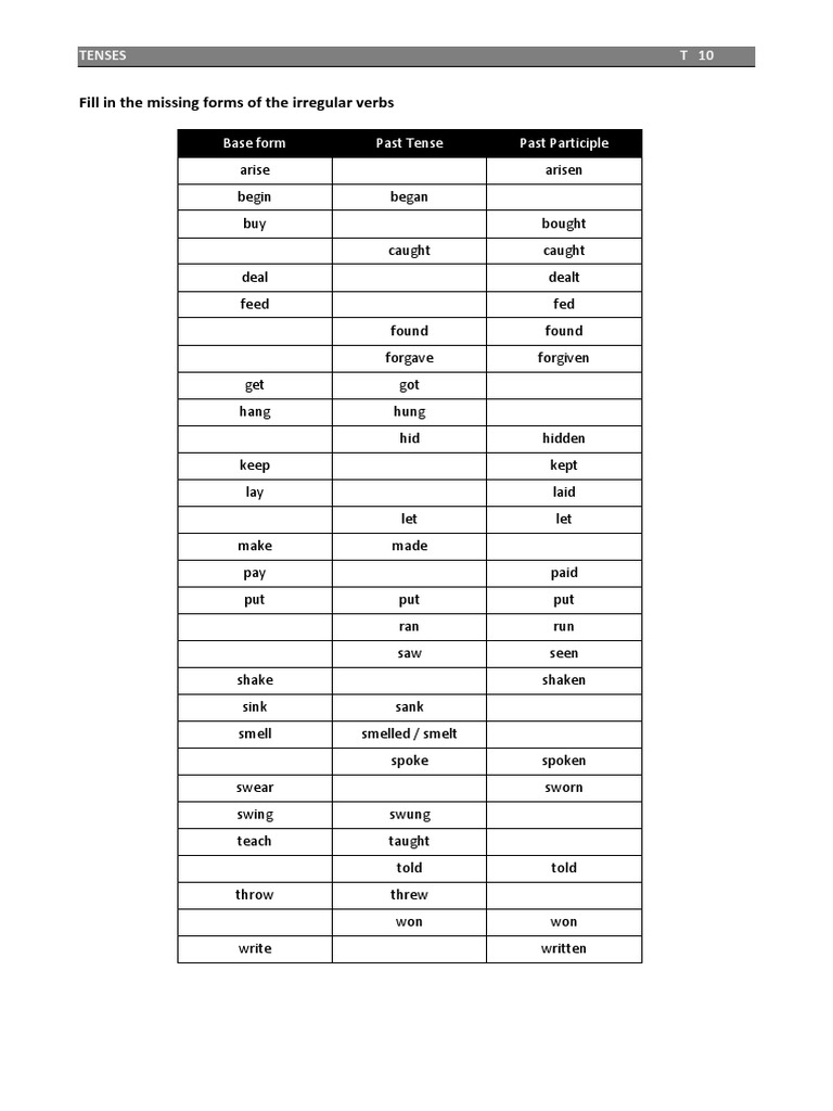 Fill in The Missing Forms of The Irregular Verbs: Base Form Past Tense ...