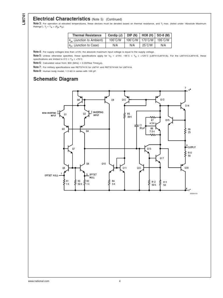 LM741 Electrical Characteristics & Schematic | PDF