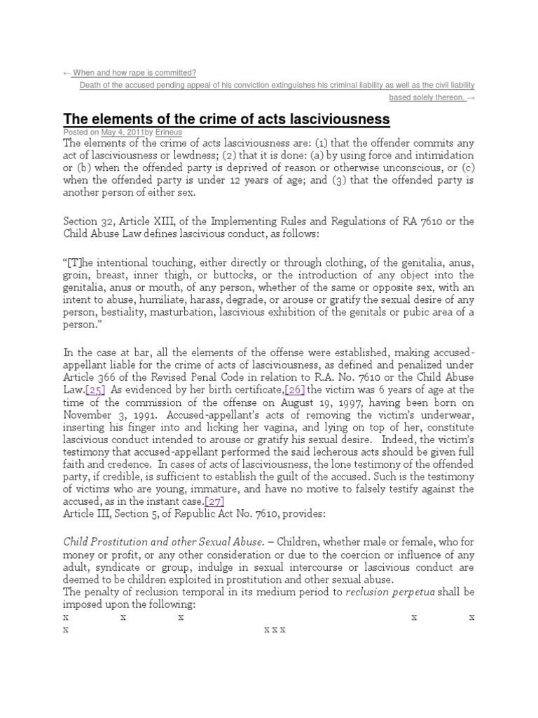 Elements of Acts of Lasciviousness | Rape | Sexual Abuse