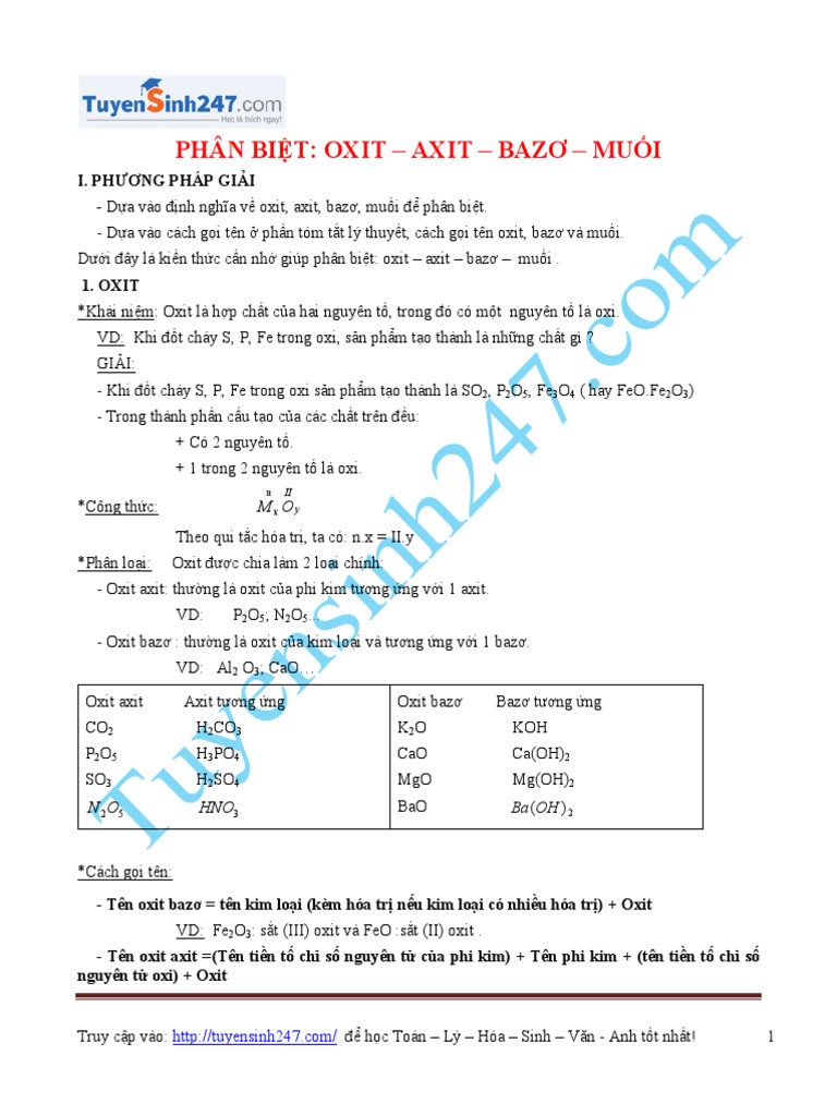 Phan Biet Oxit Axit Bazo Muoi PDF | PDF