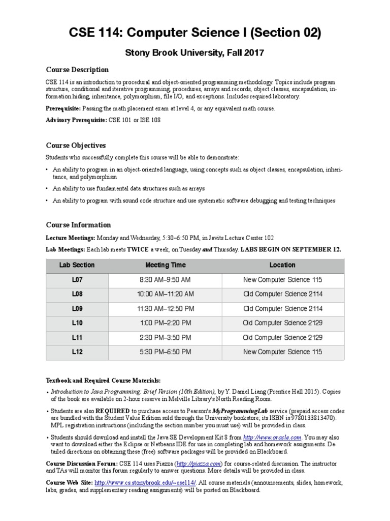 Cse 114 Syllabus F17 Pdf Object Oriented Programming Academic Dishonesty