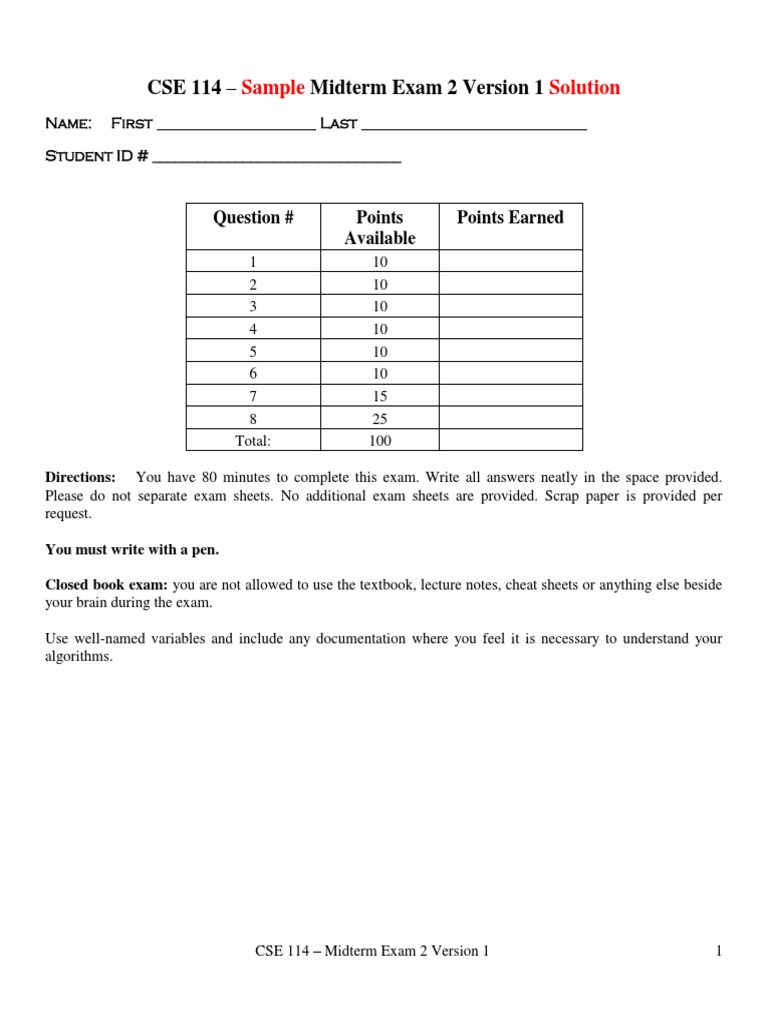 Cse114 Midterm 2 Sample With Solutions Pdf Constructor Object Oriented Programming