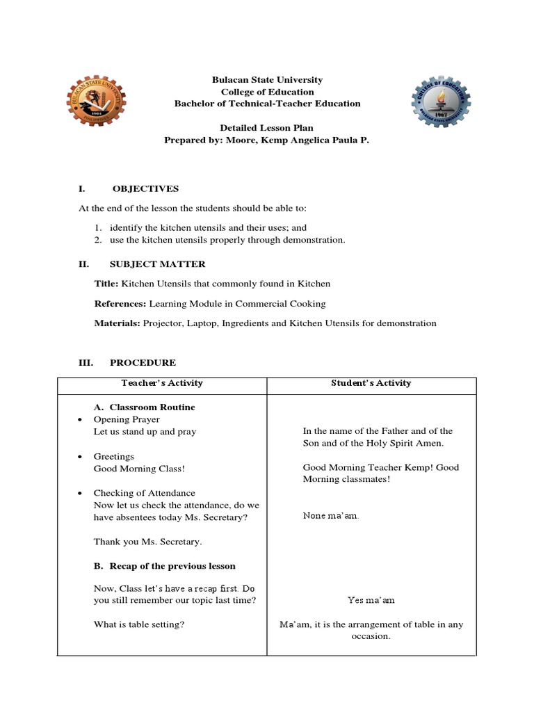 Detailed Lesson Plan | Kitchen Utensil | Kitchen