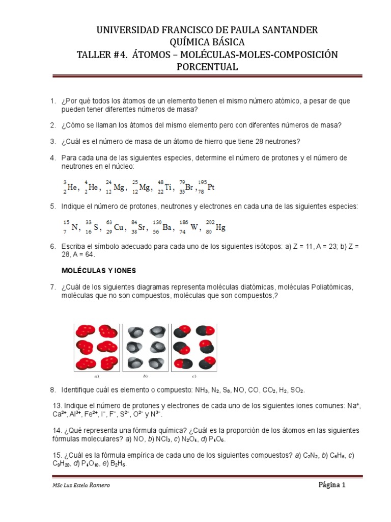 Taller Atomo Moles Formulas 2019 | PDF | Estaño | Moléculas