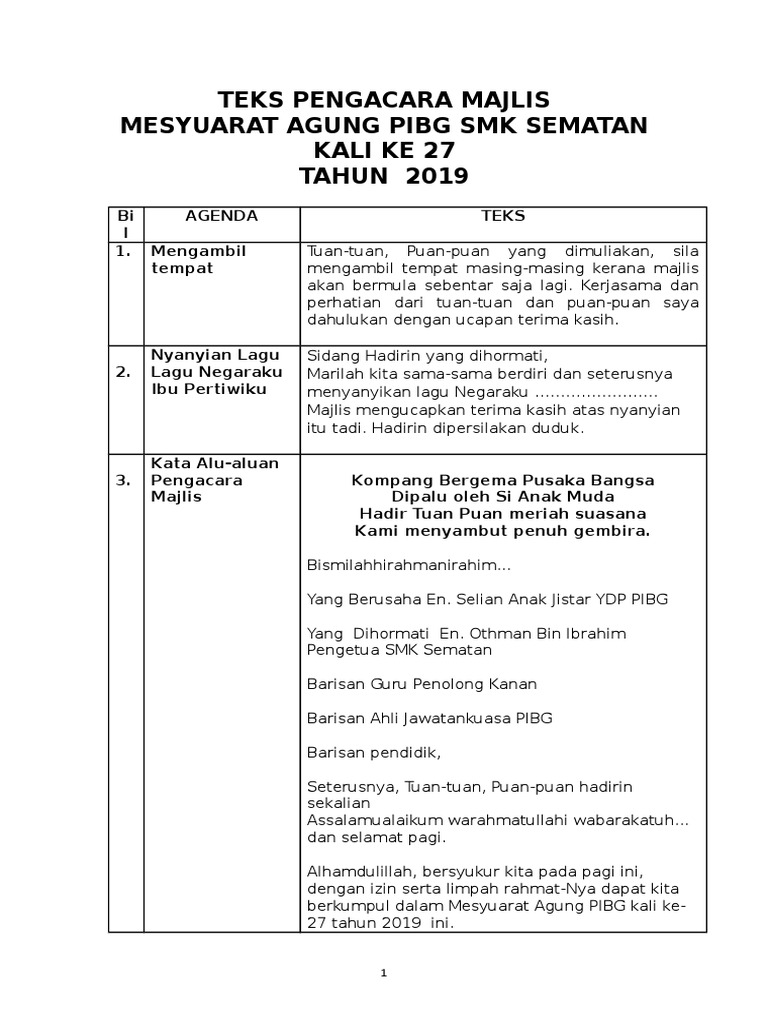 Skrip Pengacara Majlis Mesyaurat Agung Pibg | PDF