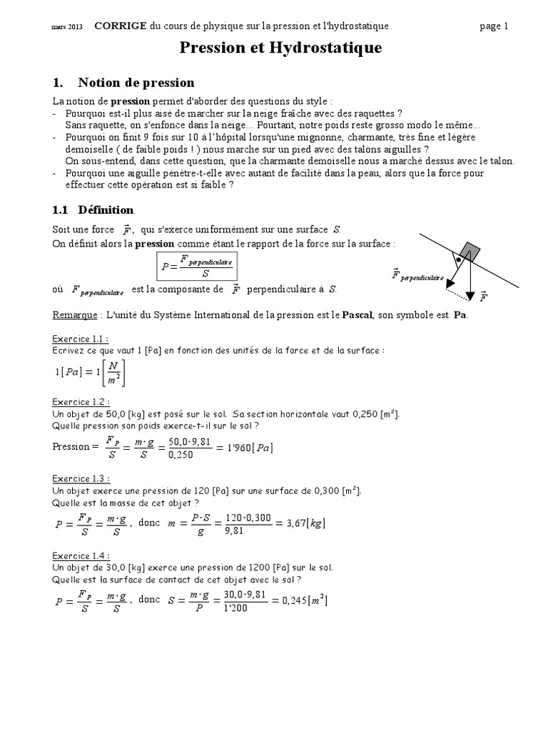 Cours Exercices Corrig - S-Pression Et Hydrostatique | PDF | Pression | Matière molle