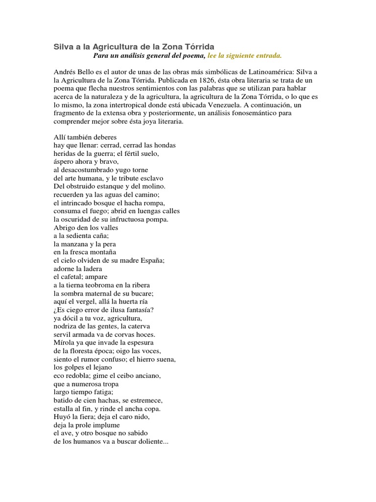 Silva A La Agricultura de La Zona Tórrida | Poesía | Zona tropical