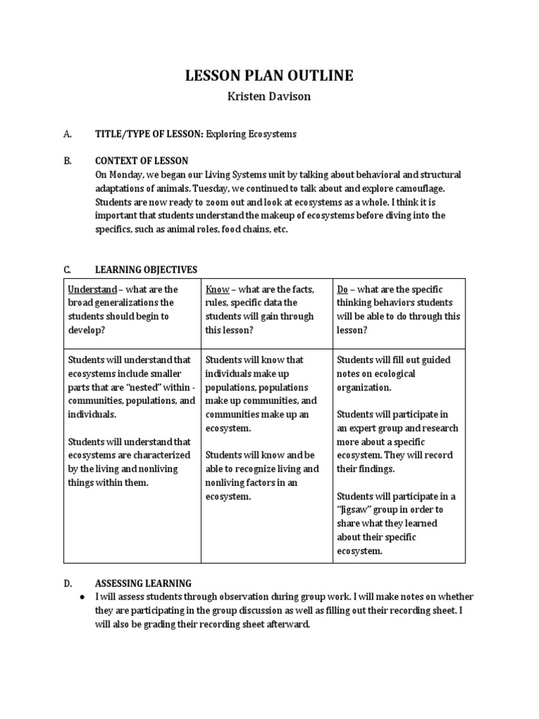Lesson Plan Outline: Kristen Davison | PDF | Ecology | Lesson Plan