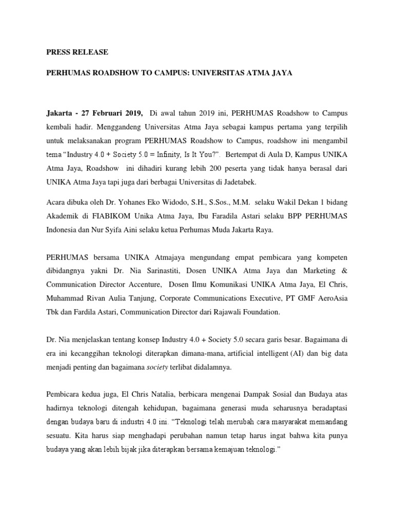 Press Release PERHUMAS di UNIKA Atma Jaya | PDF