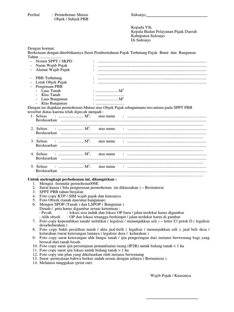 Form Mutasi Objek Subjek PBB Baru | PDF
