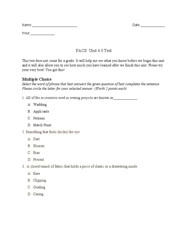 Multiple Choice: FACS: Unit 4.0 Test | PDF | Sewing | Textiles