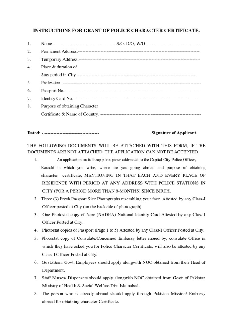 Police Character Certificate Instructions | PDF | Identity Document ...
