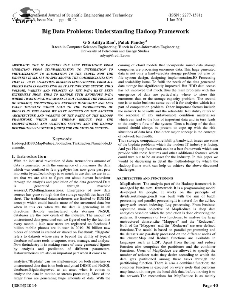 Big Data Problems: Understanding Hadoop Framework: G S Aditya Rao, Palak Pandey | PDF | Apache ...