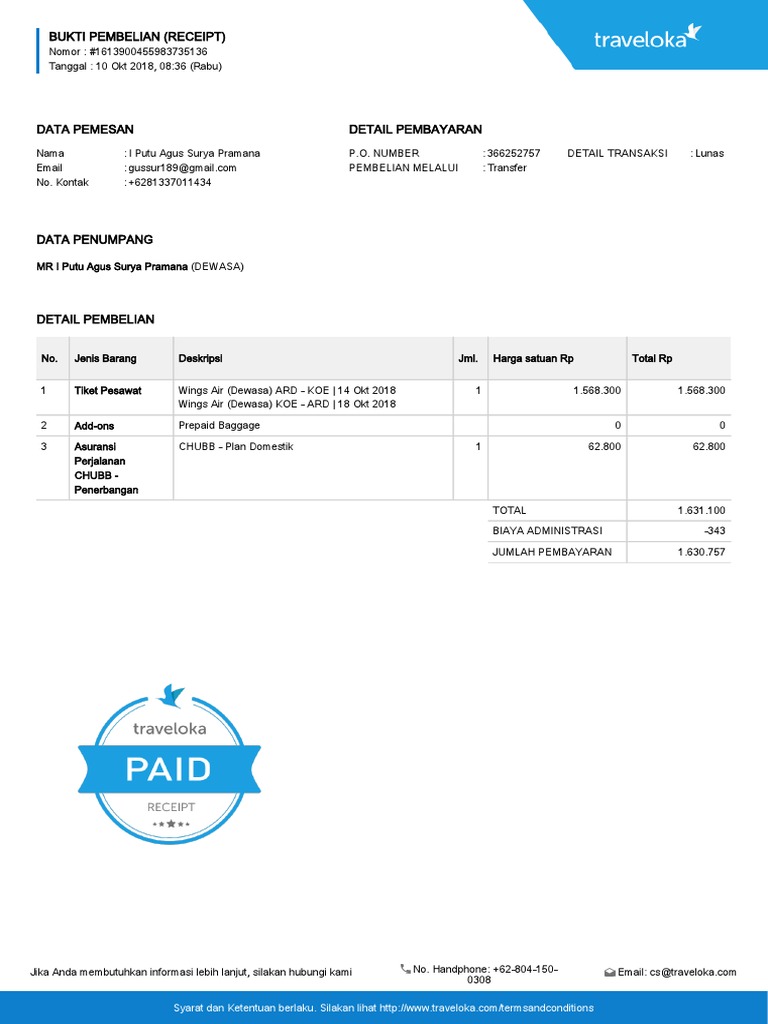Receipt (Tiket Pesawat) PDF | PDF