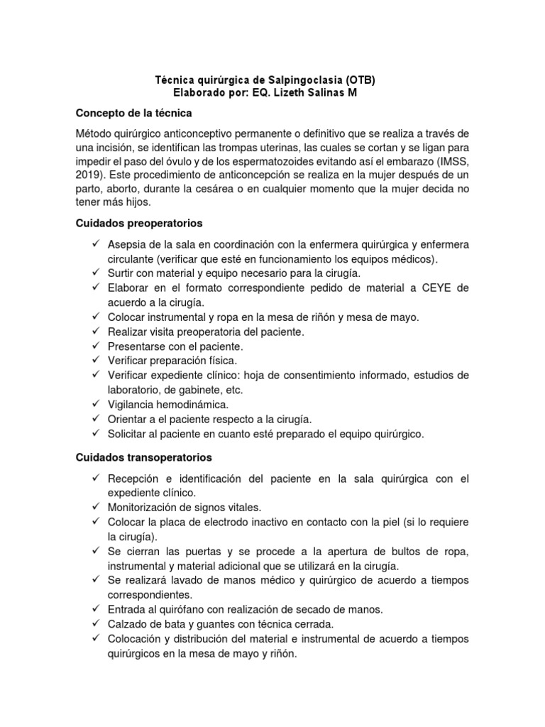 Técnica Quirúrgica de OTB: Salpingoclasia | PDF | Cirugía | Control de ...