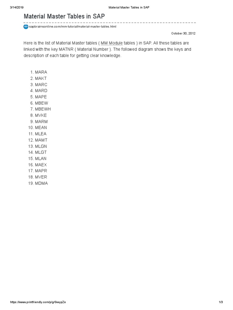 Material Master Tables in SAP | PDF