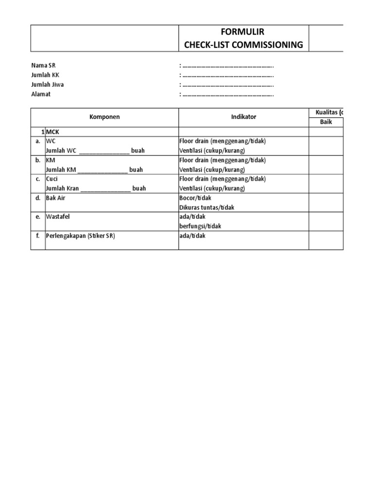 Formulir Check-List Commissioning: Komponen Indikator Kualitas ...