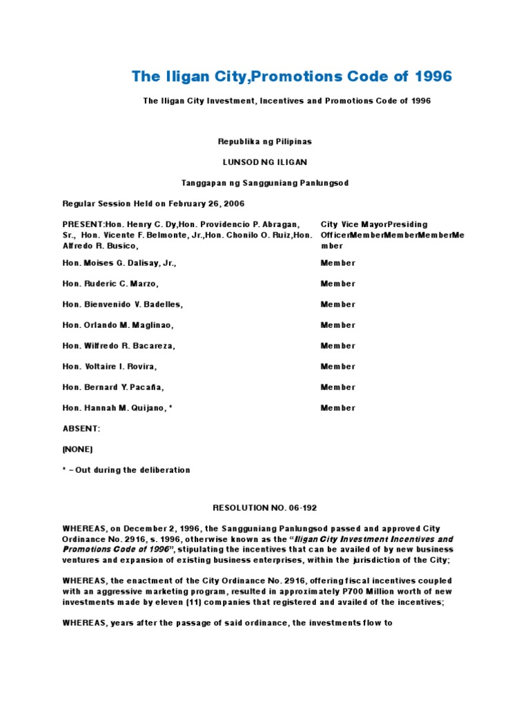 The Iligan City Incentives Code of 1996 | PDF | Board Of Directors ...