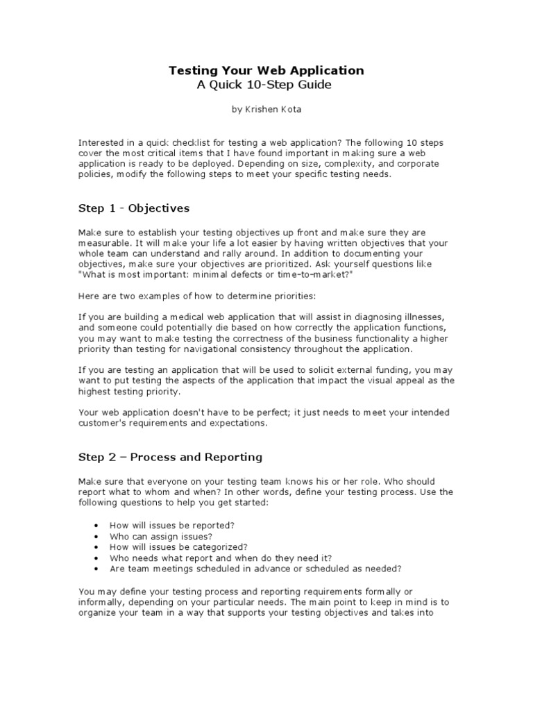 10 Steps In Testing Your Web Application Pdf Html Software Testing