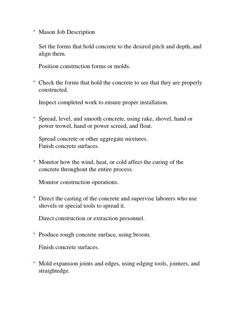 Mason Job Description | PDF | Masonry | Concrete