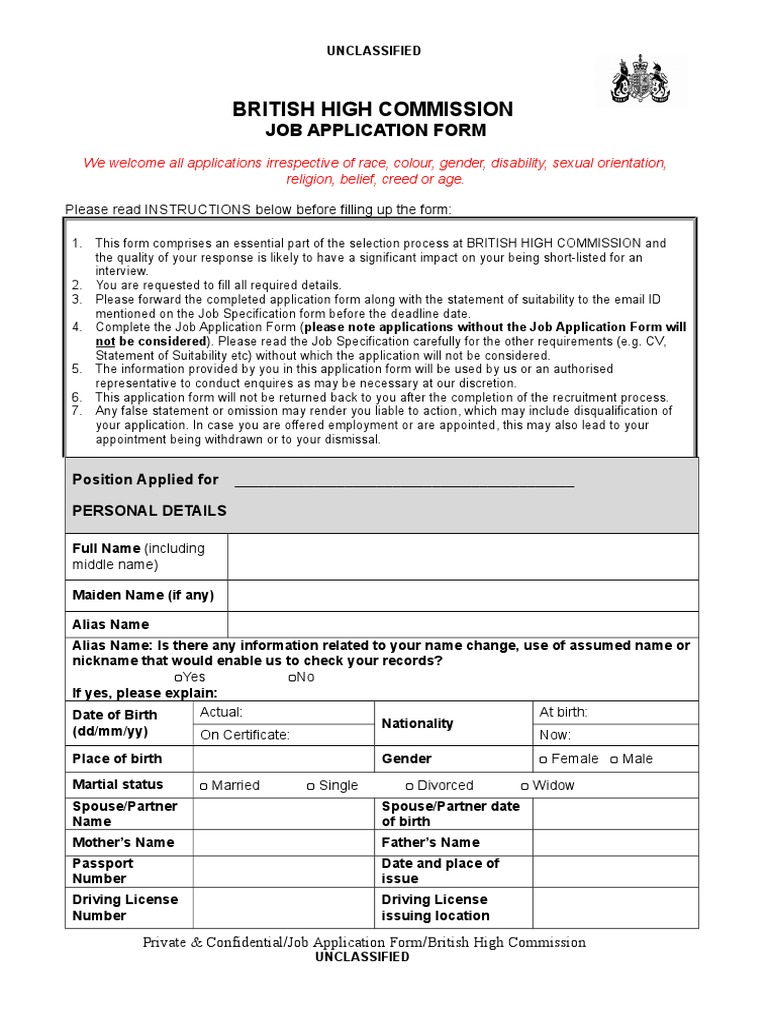 British High Commission: Job Application Form | PDF | Employment | Labour