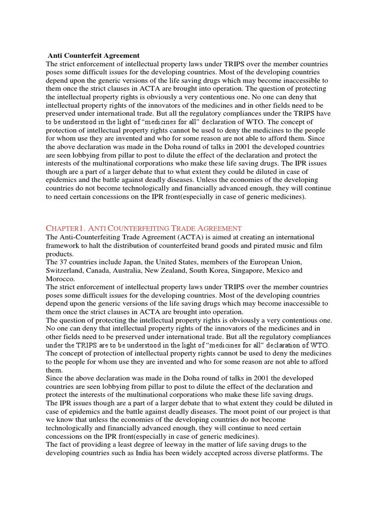 Anti Counterfeit Agreement | PDF | Copyright Infringement | Trips Agreement