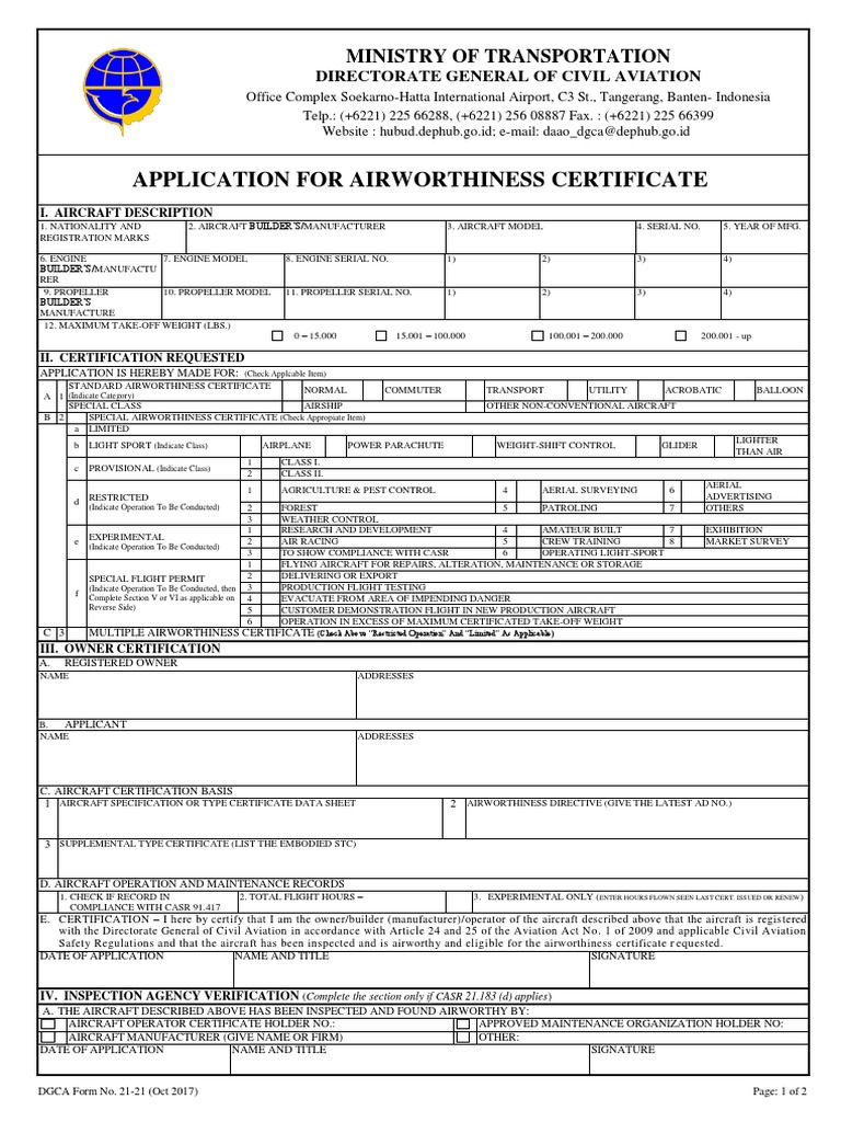 DGCA Form 21-21 Application For Airworthiness Certificate - Oct 2017 ...