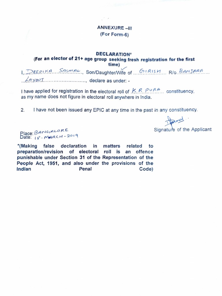 Age Declaration for Voter ID Registration | PDF