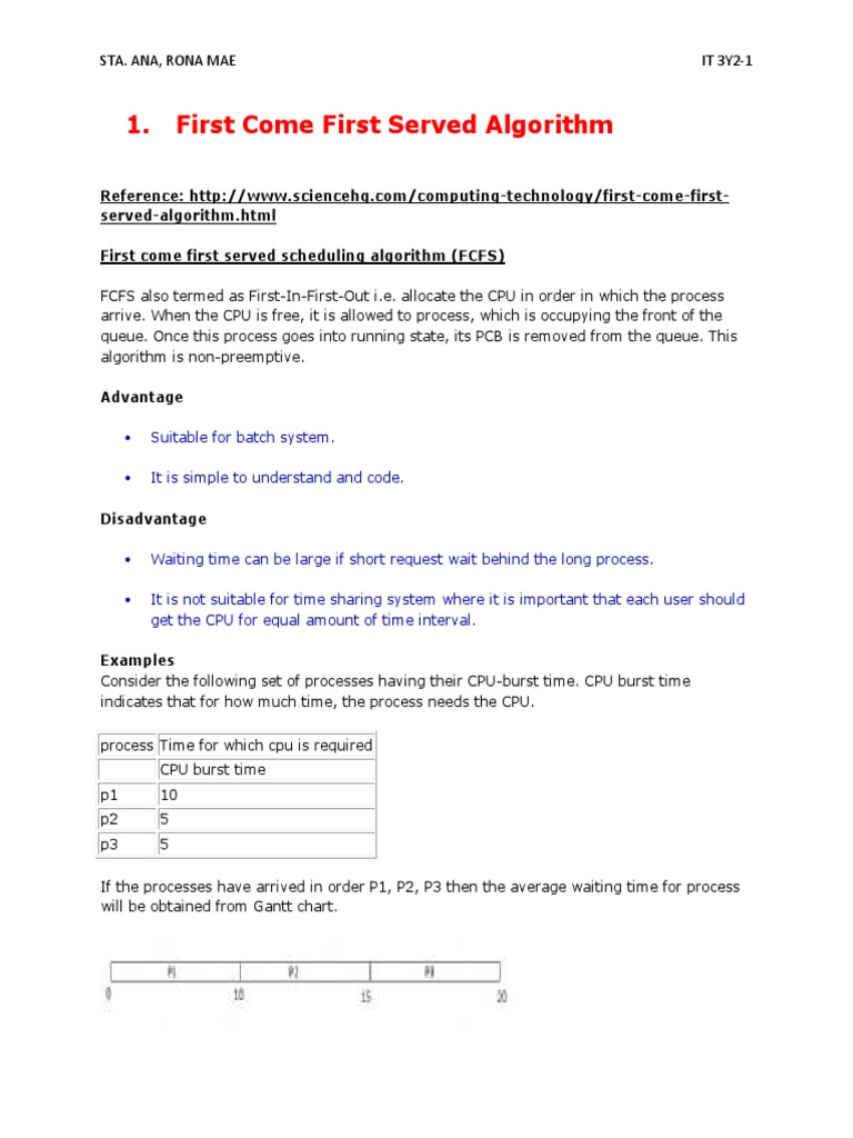 First Come First Served Algorithm: Sta. Ana, Rona Mae IT 3Y2-1 ...