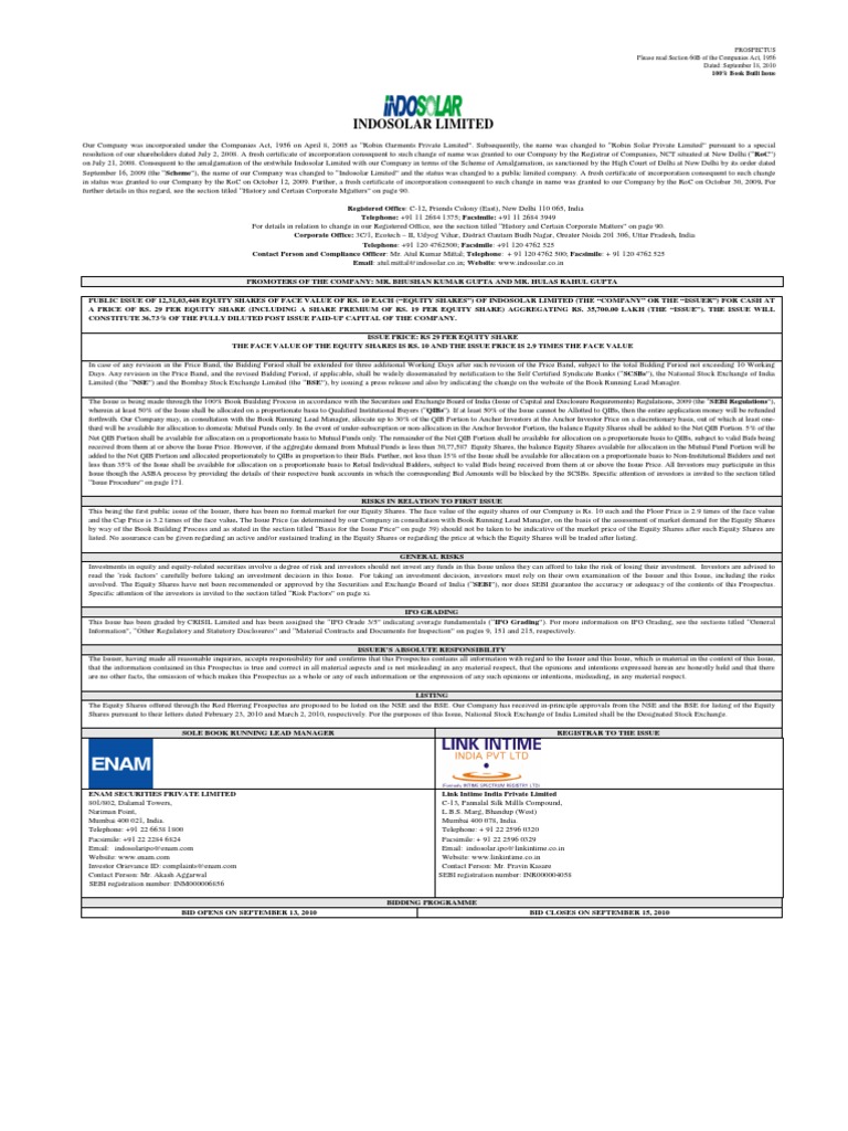 Indosolar Limited IPO Prospectus | PDF | Stocks | Initial Public Offering