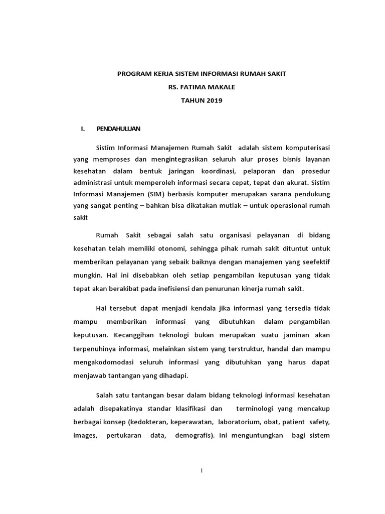 Program Kerja Sim RS Fatima 2019 | PDF