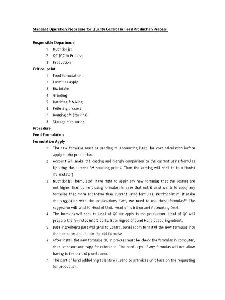 Quality Control SOP for Feed Production | PDF | Coefficient Of ...