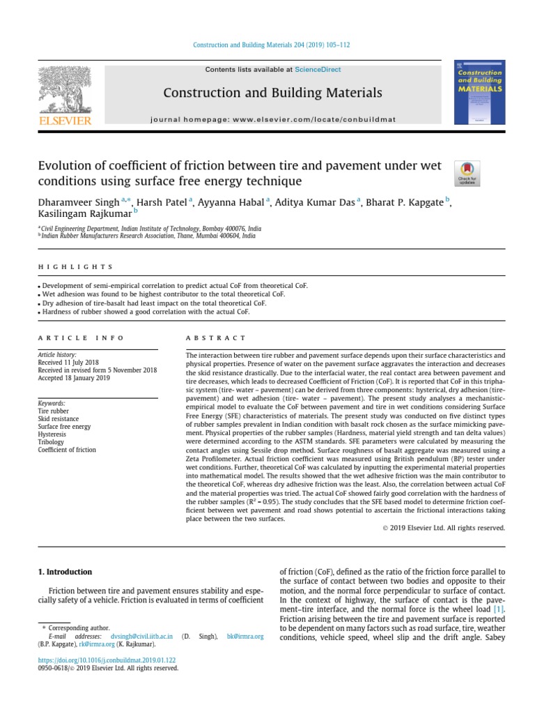 Evolution Of Coefficient Of Friction Between Tire And Pavement Under Wet Conditions Using