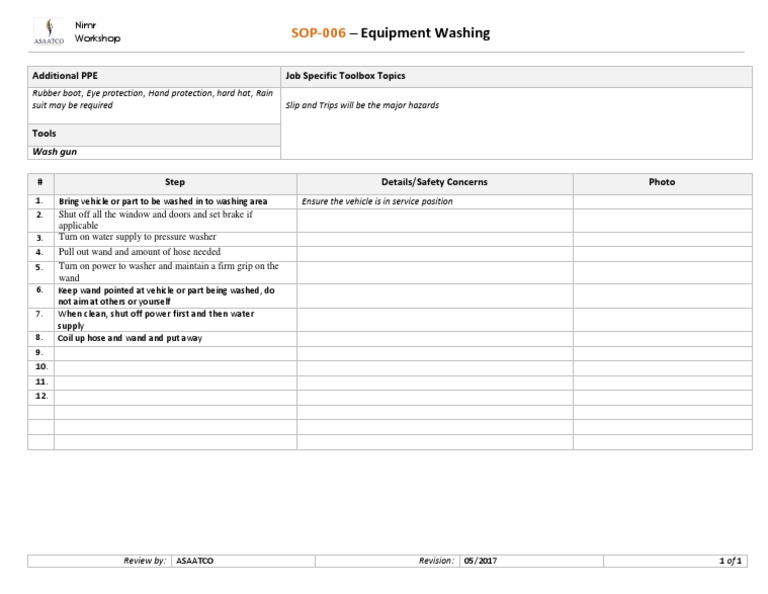 Equipment Washing SOP for Vehicles | PDF | Technology & Engineering